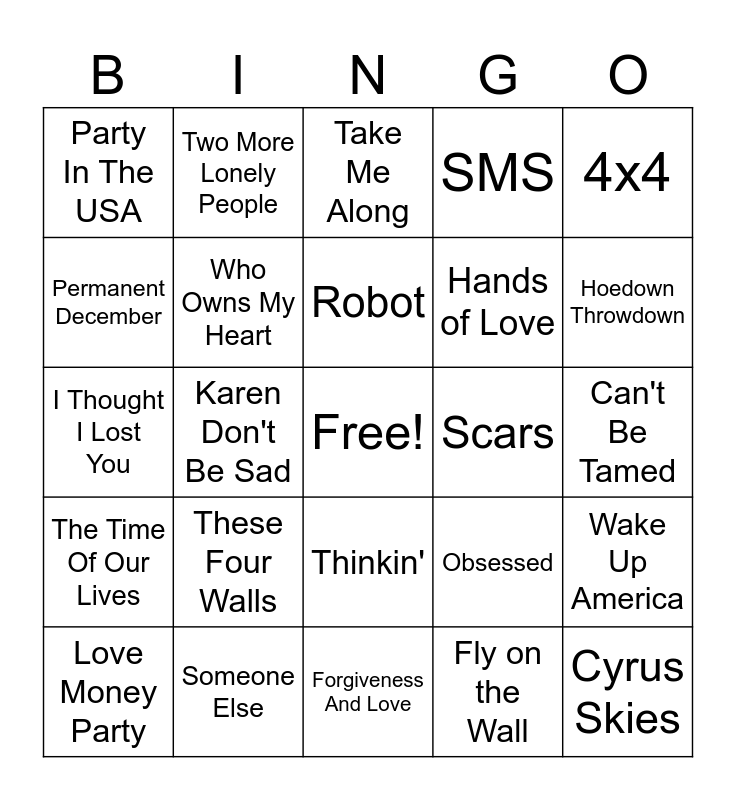 Miley Cyrus - Mix #1 Bingo Card