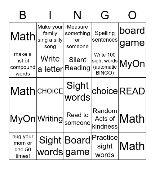 Bingo Homework Bingo Card