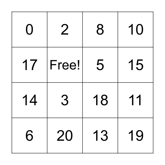 Numbers Bingo Card