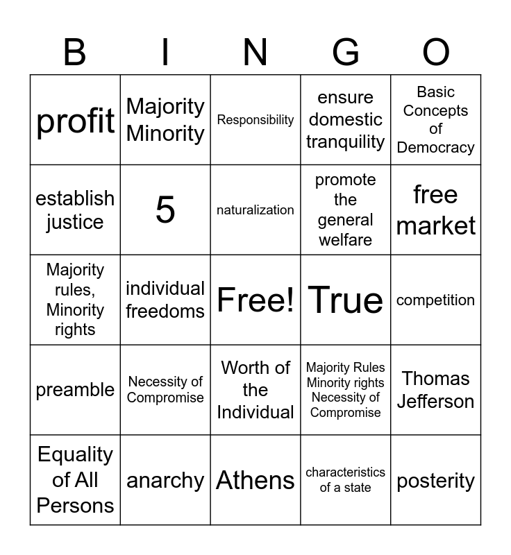 Government Chapters 1-3 Review Bingo Card