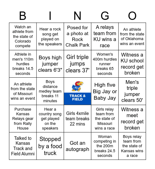 101st Kansas Relays Bingo Card