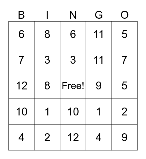 Numbers 1-12 Bingo Card