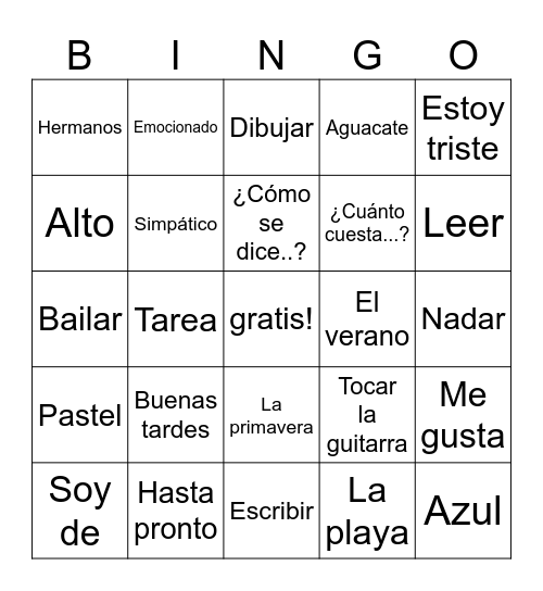 Español 2- Repaso básico Bingo Card