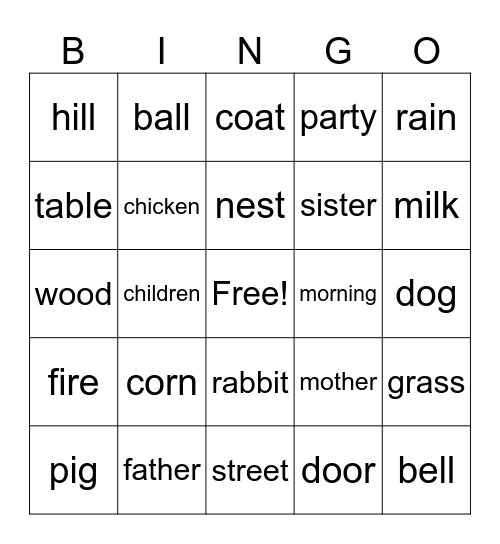 Common Words Bingo Card