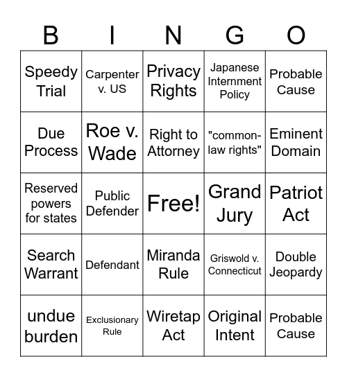 Civil Liberties Bingo Card