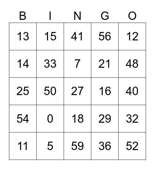 nombres de 0 à 69 Bingo Card