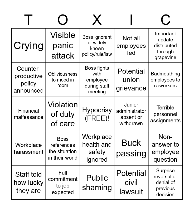 Toxic Workplace Staff Meeting Bingo Card