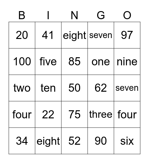 Numbers 1-10 Bingo Card