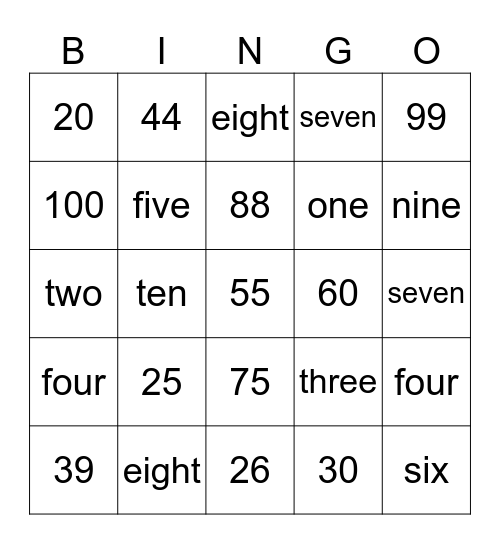 Numbers 1-10 Bingo Card