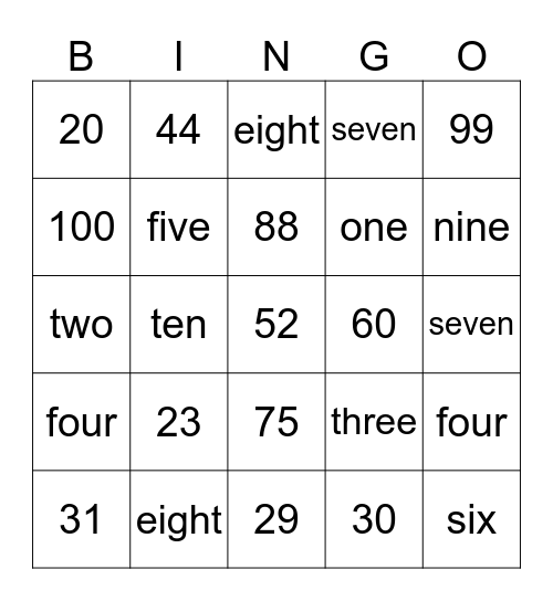 Numbers 1-10 Bingo Card