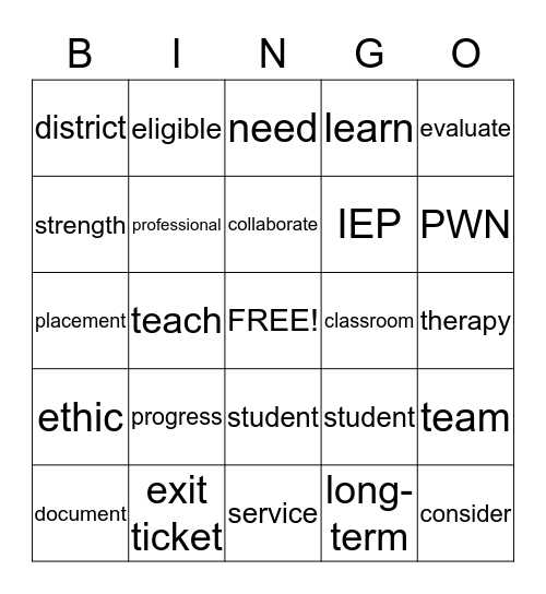 Very General Specialist Professional Development Bingo Card