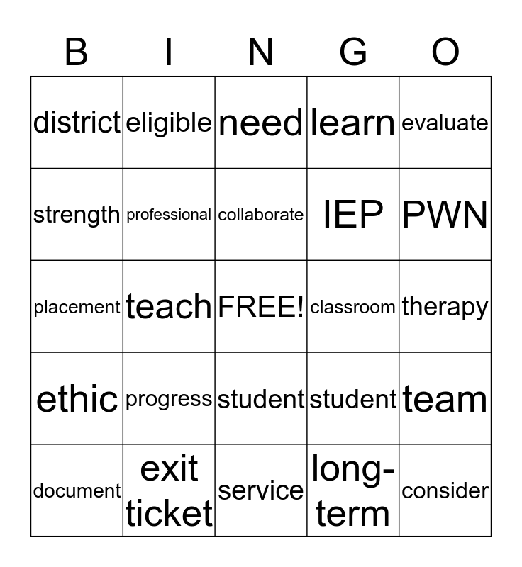 Very General Specialist Professional Development Bingo Card