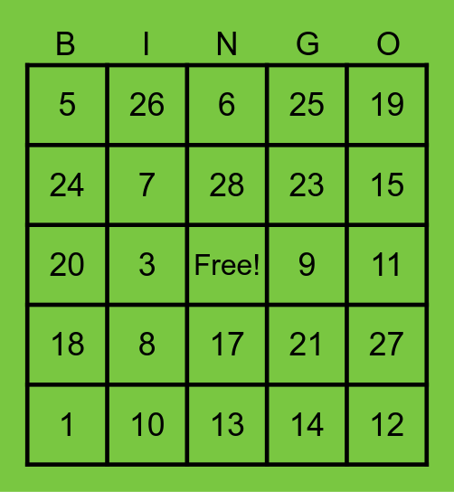 Nombres 1-29 Bingo Card