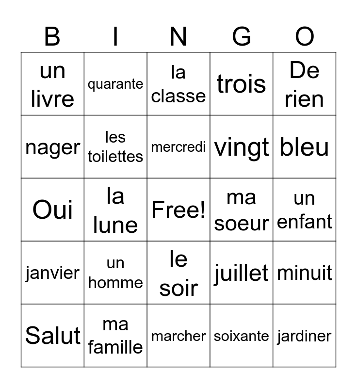 Francais Bingo Card
