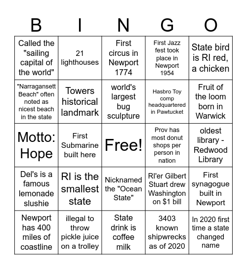 RHODE ISLAND BINGO Card