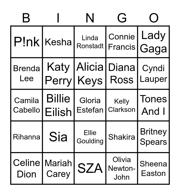 Female Artists Bingo Card