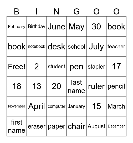 School Bingo Card