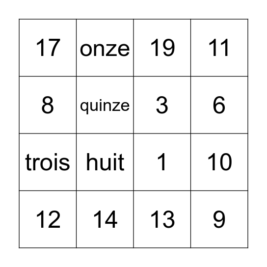 Chiffres 1 - 20 Bingo Card