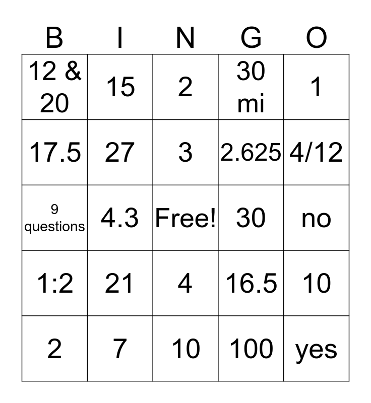 Proportion BINGO Card