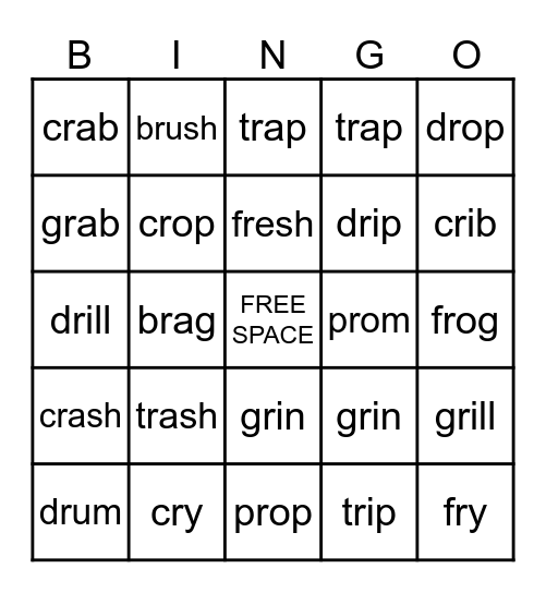 Blends fr, cr, br, dr, gr, pr, tr Bingo Card