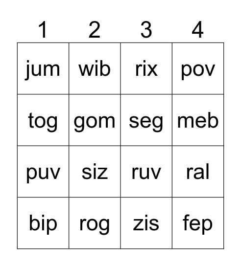 Nonsense Word Lotto Bingo Card