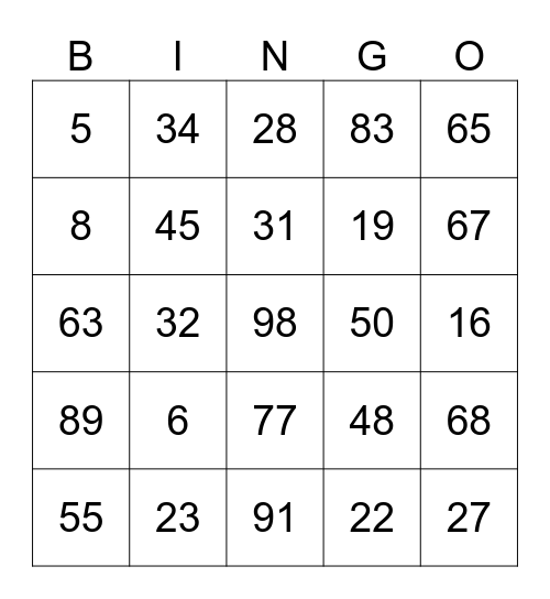Numbers 1-99 Bingo Card