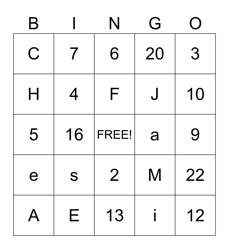 Number/ Letter Bingo Card