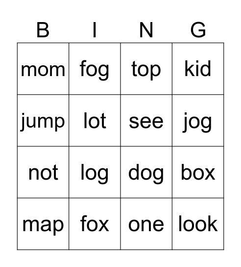 Short O Bingo Card