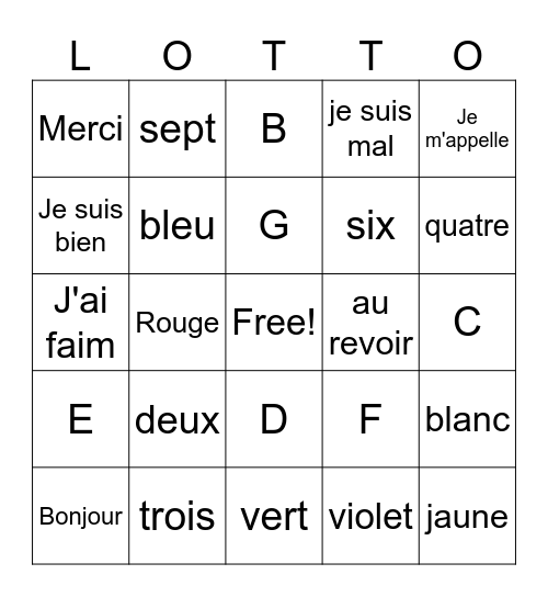 French greetings, alphabet, colors, numbers Bingo Card