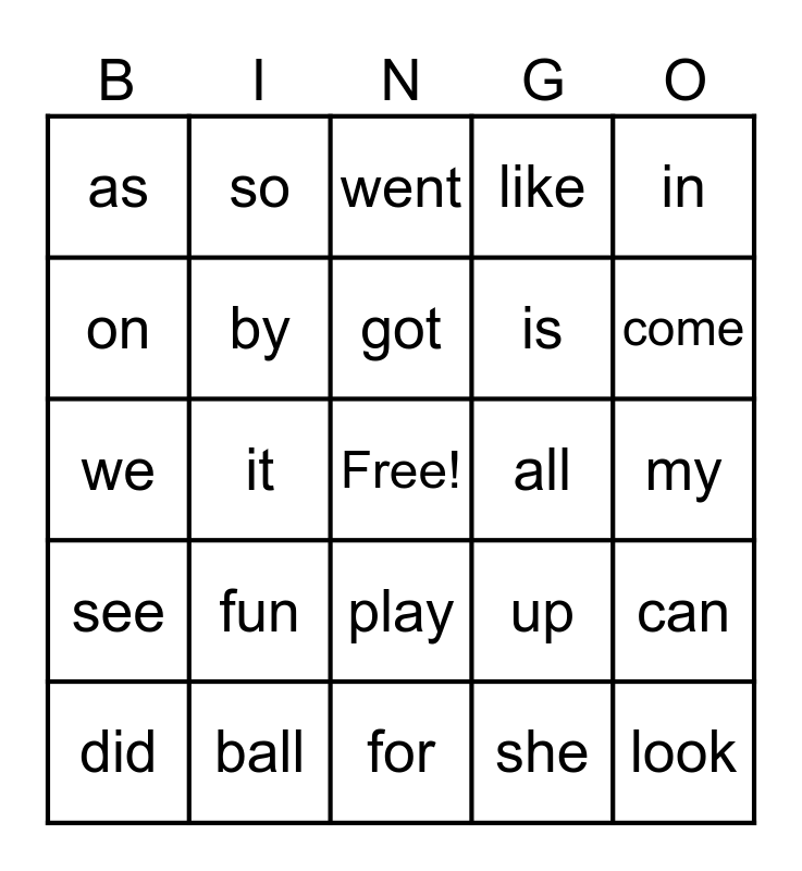 SNAP WORD BINGO Card