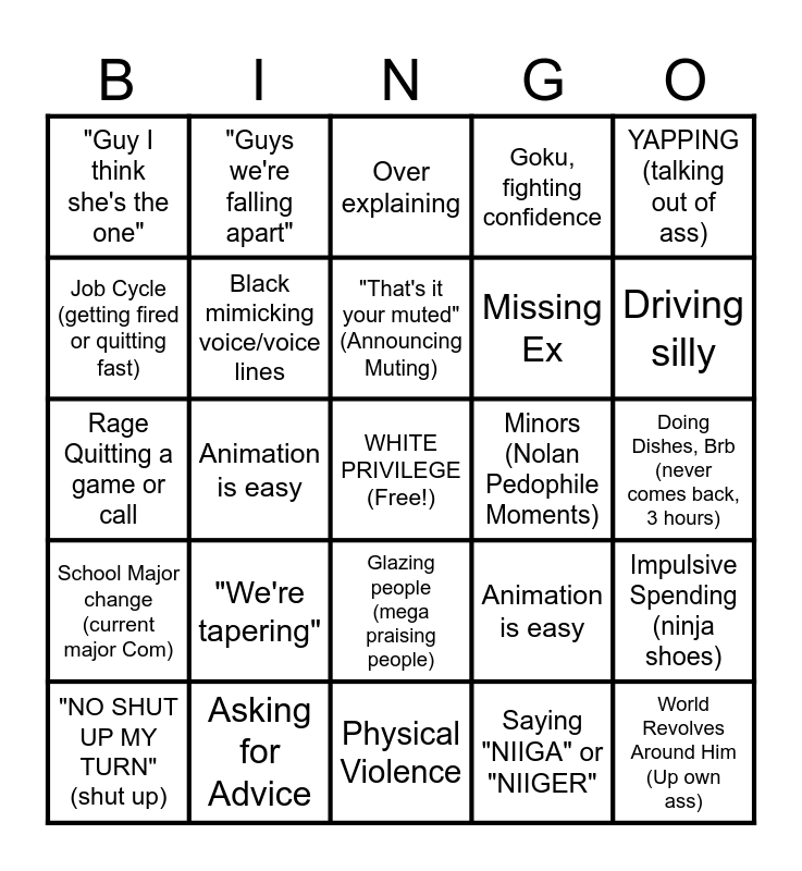 Nolan Backshots Bingo Card