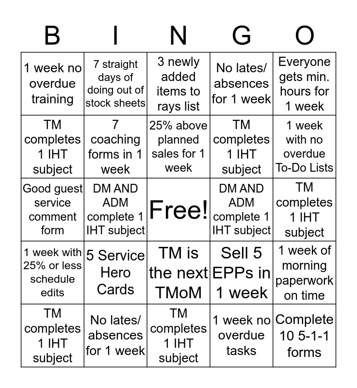Menards March Bingo Card
