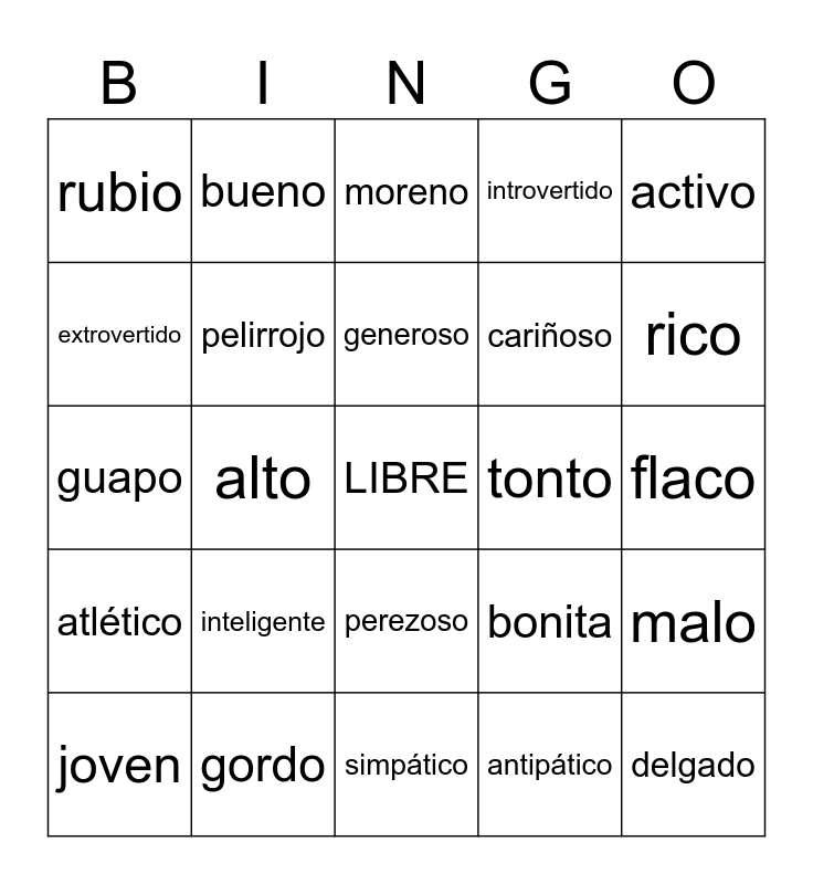 Spanish 1, List 3 (adjectives) Bingo Card