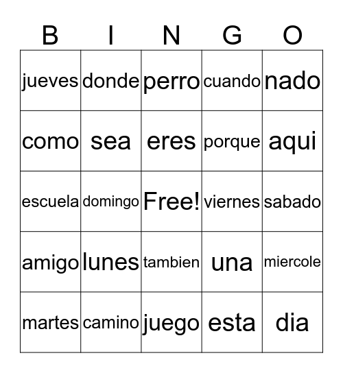 Mis palabras en Espanol Bingo Card