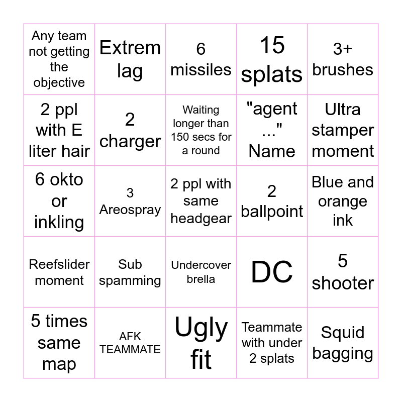 Splatoon Bingo Card