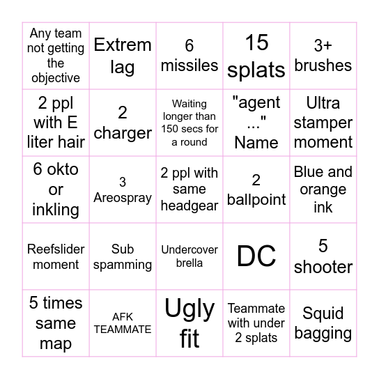 Splatoon Bingo Card
