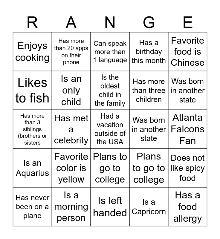 Meet and Greet Bingo Card