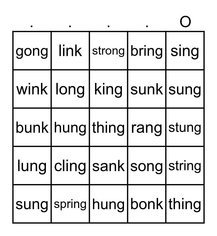 Words with -ng Glued Sounds Bingo Card