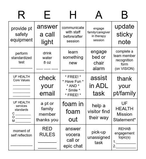 Rehab Week 2023 Bingo Card