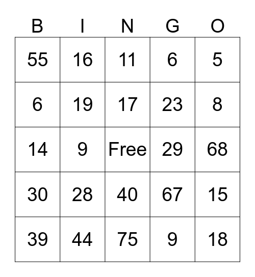 Number Bingo 1-20 Bingo Card