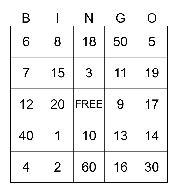 Number Bingo 1-20 plus11 Bingo Card