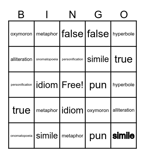 Figurative Language Bingo Card