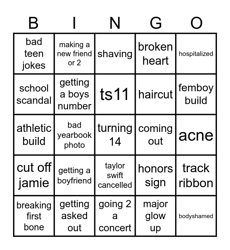 13 y/o bingo Card
