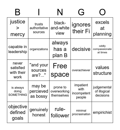 Extraverted Thinking - MBTI Bingo Card