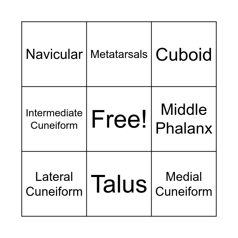 Ankle and Foot Bingo Card