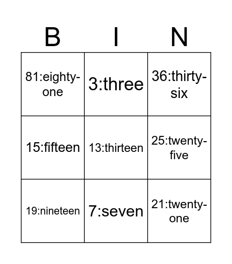 NUMBERS Bingo Card