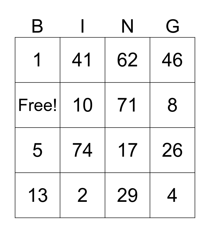 Number Bingo 1-6 Bingo Card