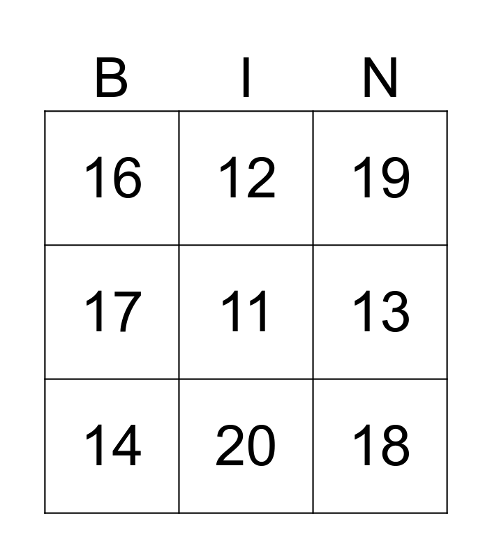 Teen Numbers Bingo Card