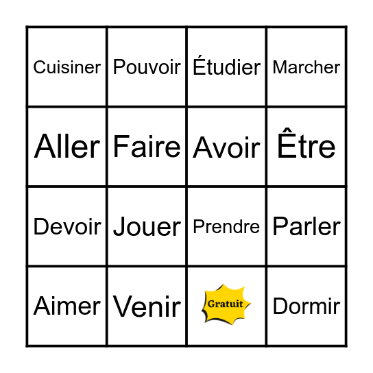 Les verbes Bingo Card