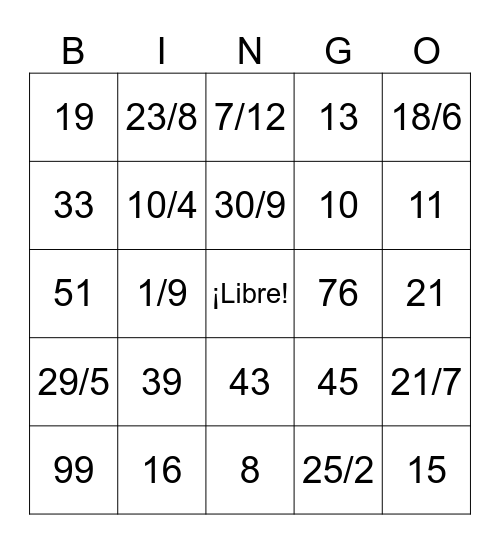 Los Números y La Fecha Bingo Card